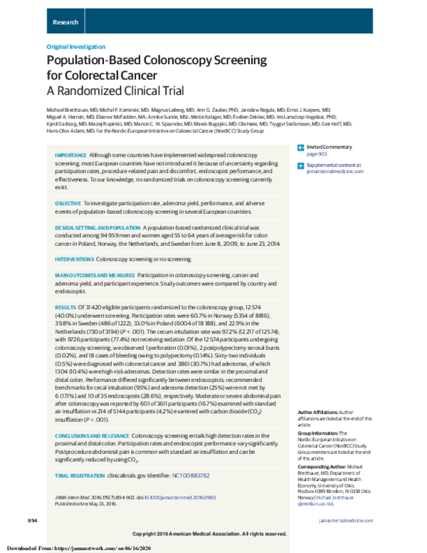 (PDF) Population-Based Colonoscopy Screening for Colorectal Cancer: A ...