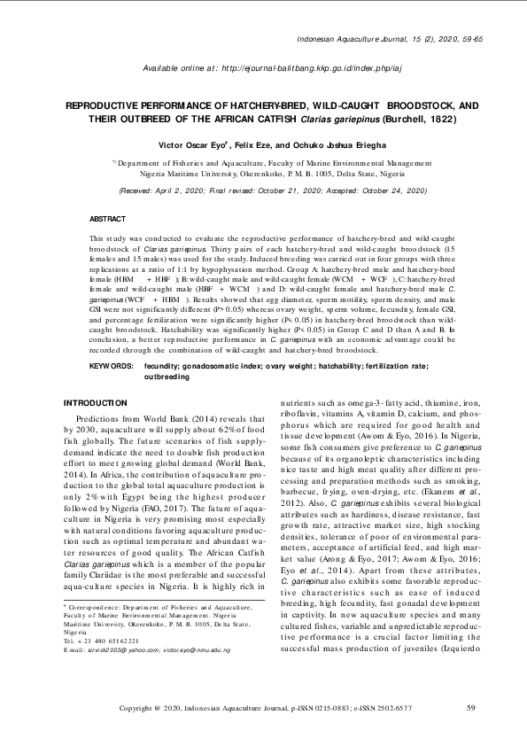 (PDF) REPRODUCTIVE PERFORMANCE OF HATCHERY-BRED, WILD-CAUGHT BROODSTOCK ...