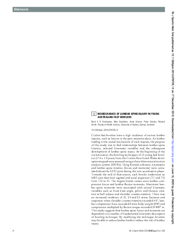 (PDF) Biomechanics of lumbar spine injury in young Australian fast bowlers