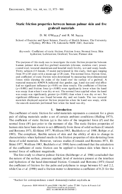 (PDF) Static friction properties between human palmar skin and five ...