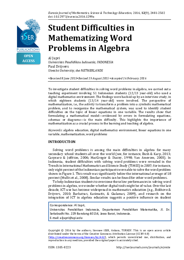 (PDF) Student Difficulties in Mathematizing Word Problems in Algebra