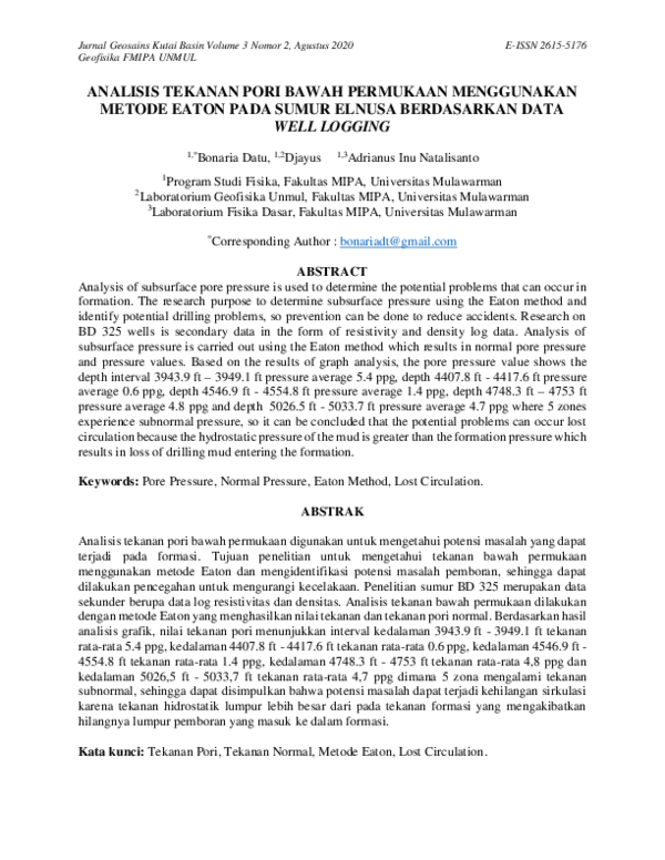 (PDF) ANALISIS TEKANAN PORI BAWAH PAnalysis of subsurface pore pressure is used to determine the ...