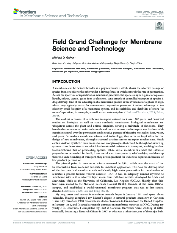 (PDF) Field Grand Challenge for Membrane Science and Technology