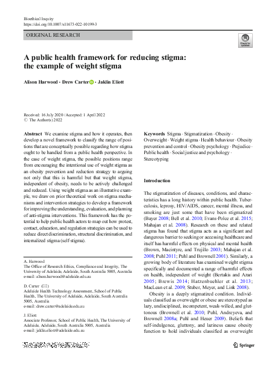 (PDF) A public health framework for reducing stigma: the example of ...