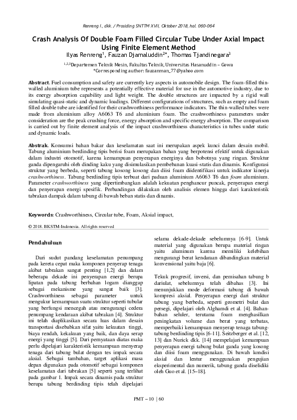 Pdf Crash Analysis Of Double Foam Filled Circular Tube Under Axial Impact Using Finite Element