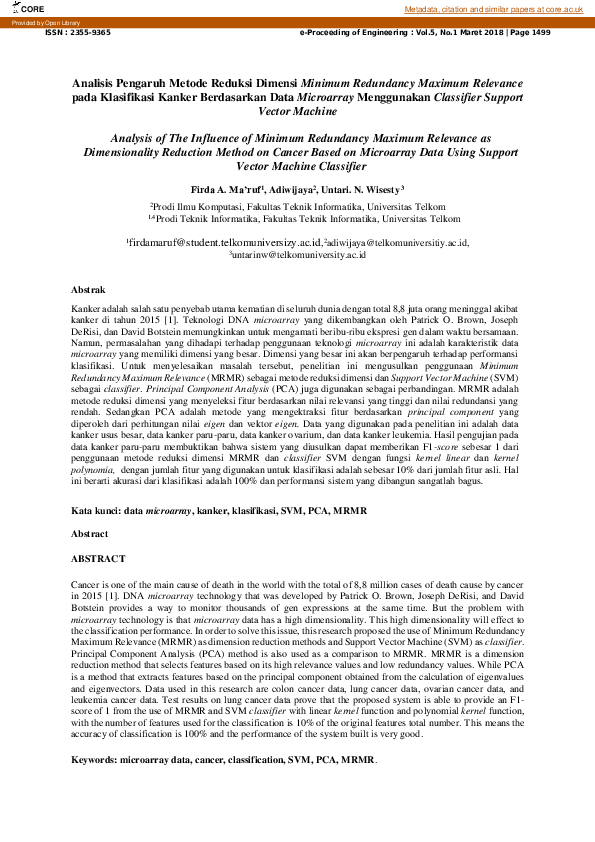 Pdf Analisis Pengaruh Metode Reduksi Dimensi Minimum Redundancy Maximum Relevance Pada