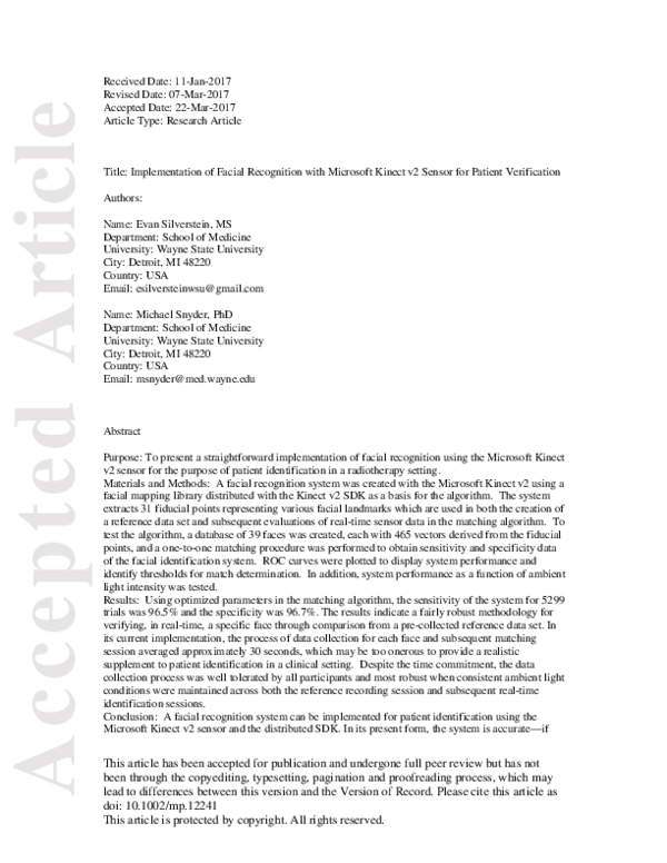 Pdf Implementation Of Facial Recognition With Microsoft Kinect V2 Sensor For Patient Verification