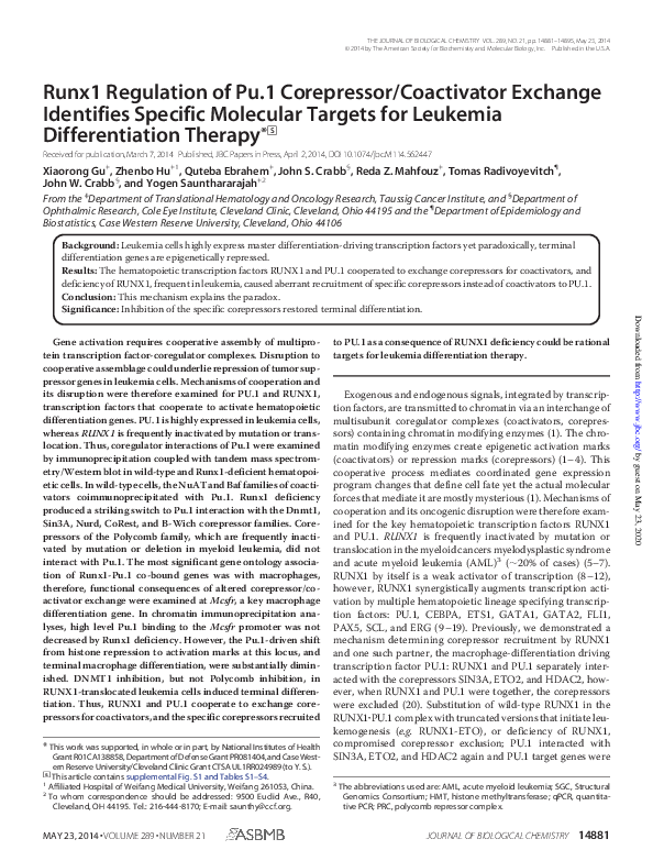 (PDF) Runx1 Regulation of Pu.1 Corepressor/Coactivator Exchange Identifies Specific Molecular ...