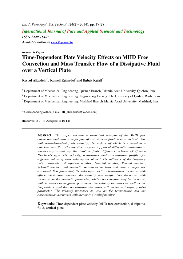 (PDF) Time-Dependent Plate Velocity Effects on MHD Free Convection and ...