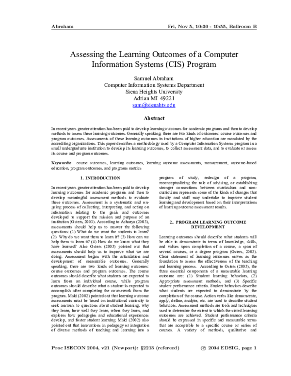 (PDF) Evaluating Learning Outcomes in a CIS Program