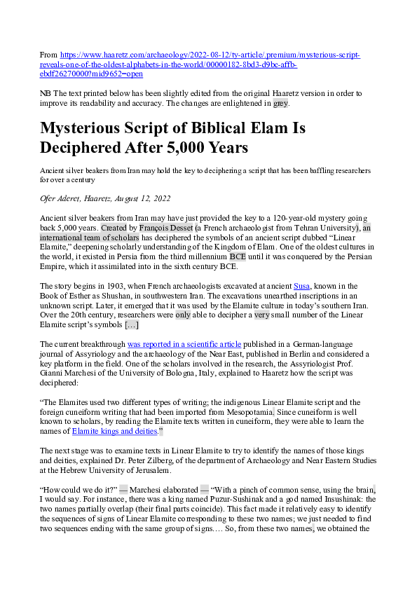 (PDF) Mysterious Script of Biblical Elam Is Deciphered After 5,000 ...