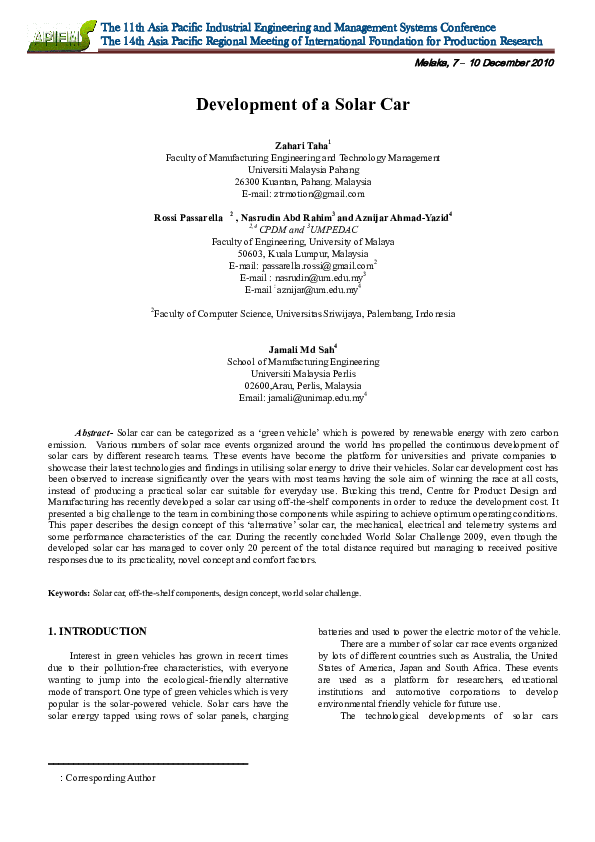 (PDF) Development of a Solar Car