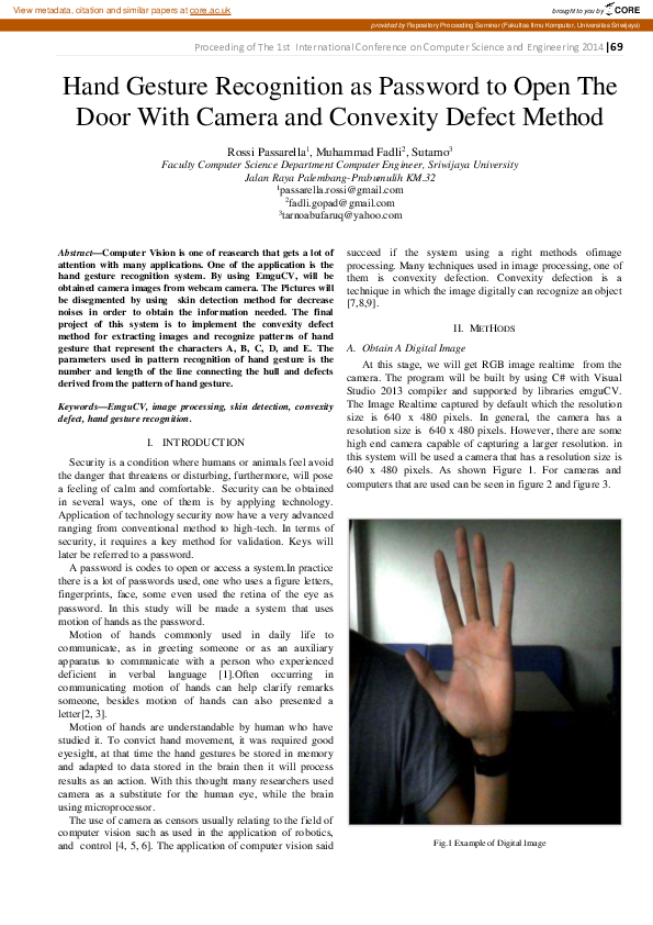 (PDF) Hand Gesture Recognition as Password to Open The Door With Camera and Convexity Defect Method