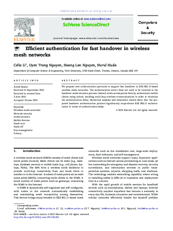 (PDF) Efficient authentication for fast handover in wireless mesh networks