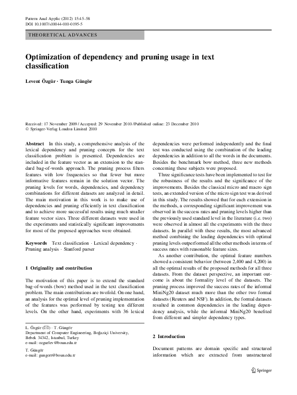 (PDF) Optimization of dependency and pruning usage in text classification