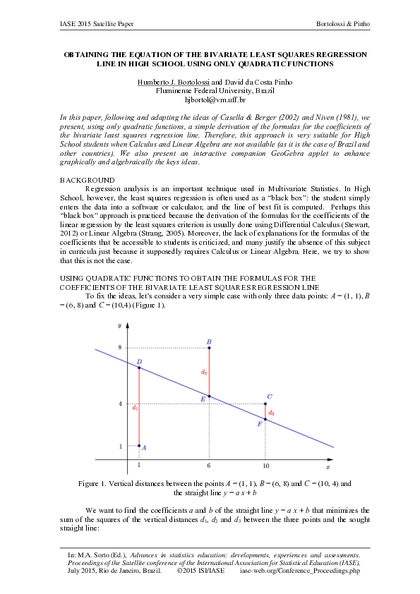 Pdf Obtaining The Equation Of The Bivariate Least Squares Regression Line In High School Using 