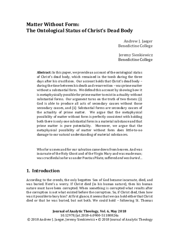 (PDF) Matter Without Form: The Ontological Status of Christ's Dead Body