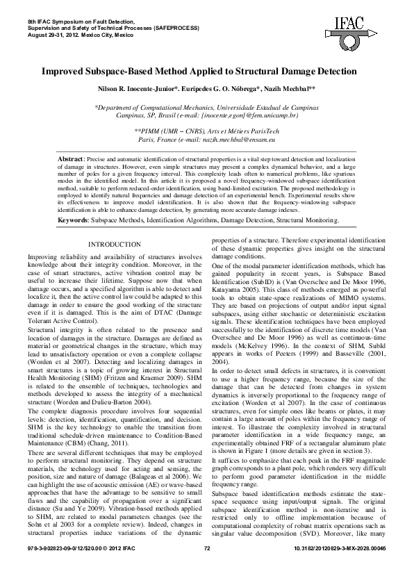(PDF) Improved Subspace-Based Method Applied to Structural Damage Detection (PDF) Improved Subspace-Based Method Applied to Structural Damage Detection