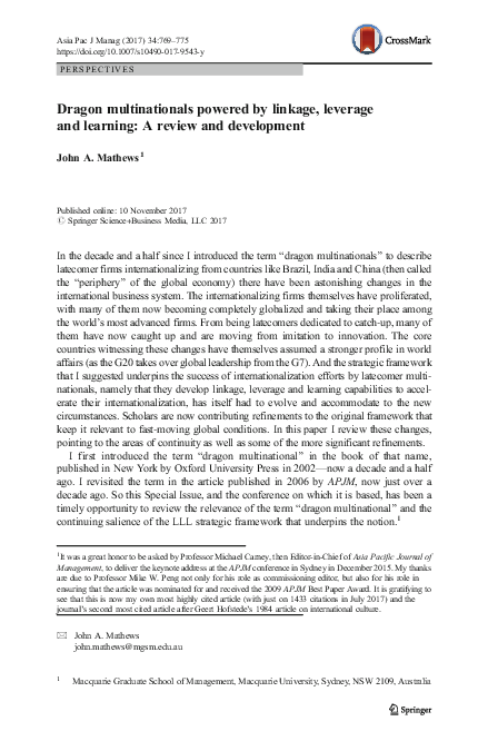 (PDF) Dragon multinationals powered by linkage, leverage and learning ...