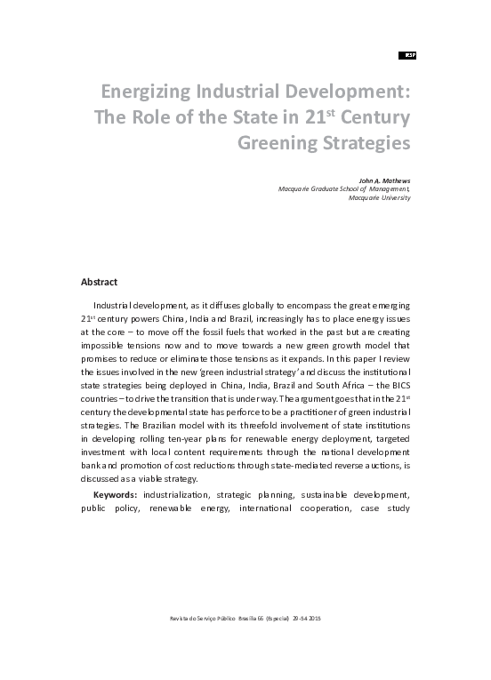 (PDF) Energizing Industrial Development: The Role of the State in 21st Century Greening Strategies