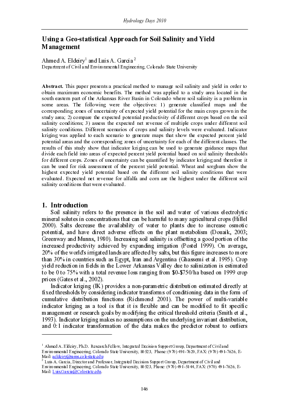 (PDF) Using Indicator Kriging Technique for Soil Salinity and Yield Management