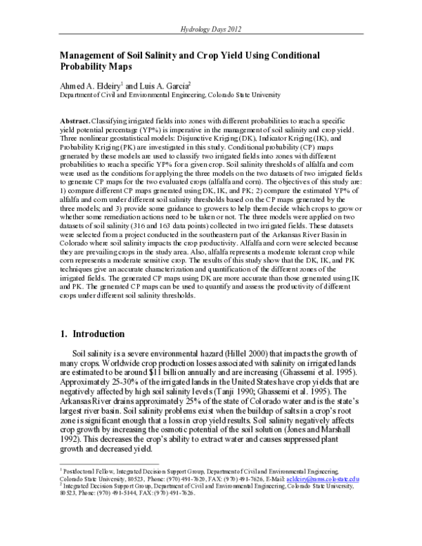 (PDF) Management of soil salinity and crop yield using conditional probability maps | Ahmed ...
