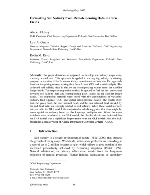 (PDF) Estimating soil salinity from remote sensing data in corn fields