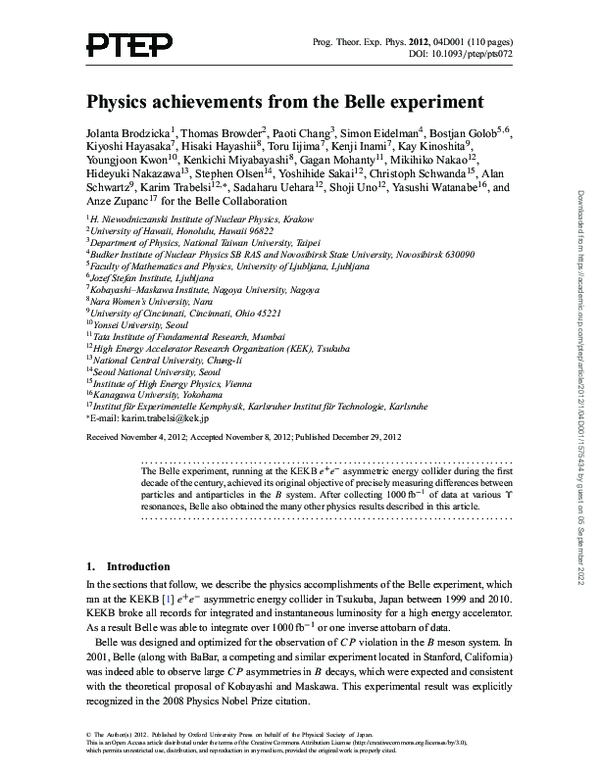(PDF) DOI: 10.1093/ptep/pts072 Physics achievements from the Belle ...