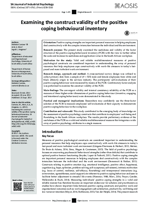 (PDF) Examining the construct validity of the positive coping behavioural inventory