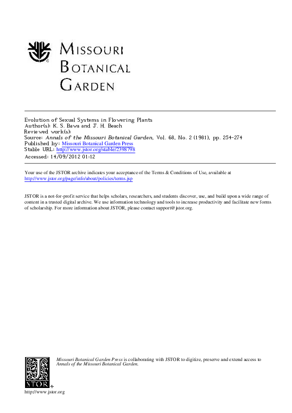 Pdf Evolution Of Sexual Systems In Flowering Plants