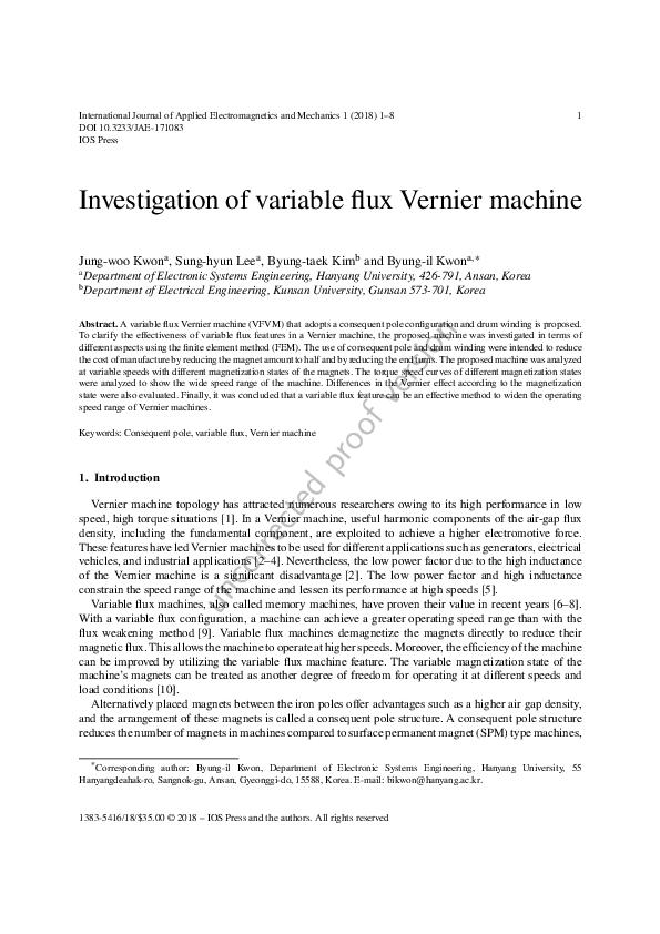 (PDF) Investigation of variable flux Vernier machine