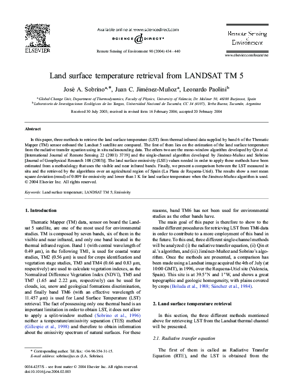 Pdf Land Surface Temperature Retrieval From Landsat Tm 5
