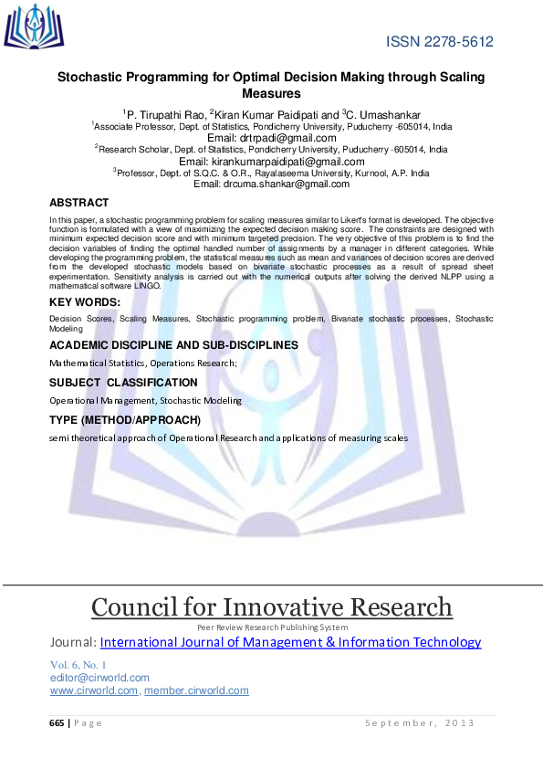 Pdf Stochastic Programming For Optimal Decision Making Through Scaling Measures