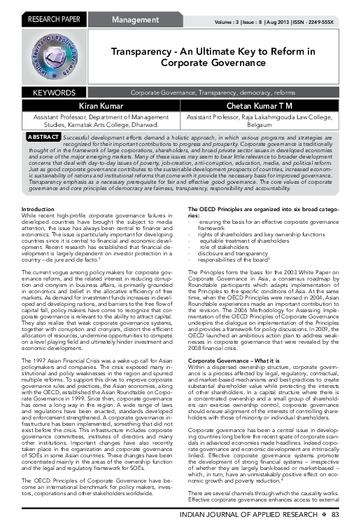 (PDF) Transparency - An Ultimate Key to Reform in Corporate Governance