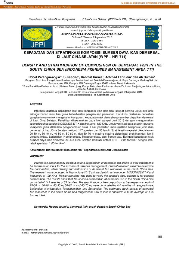 (PDF) Kepadatan Dan Stratifikasi Komposisi Sumber Daya Ikan Demersal DI Laut Cina Selatan (WPP ...