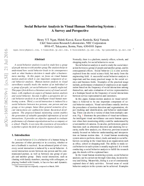 (PDF) Social Behavior Analysis in Visual Human Monitoring System : A Survey and Perspective