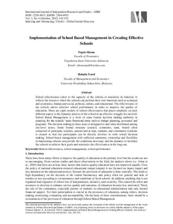 (PDF) Implementation of School Based Management in Creating Effective Schools