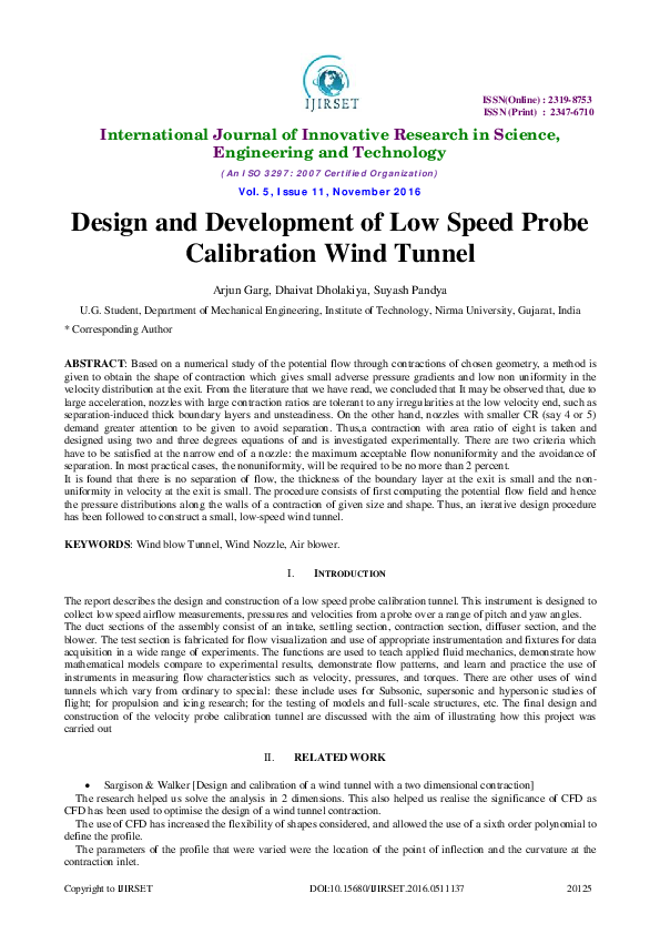 (PDF) Design and Development of Low Speed Probe Calibration Wind Tunnel
