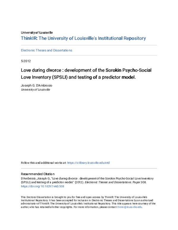 (PDF) Love during divorce : development of the Sorokin Psycho-Social ...