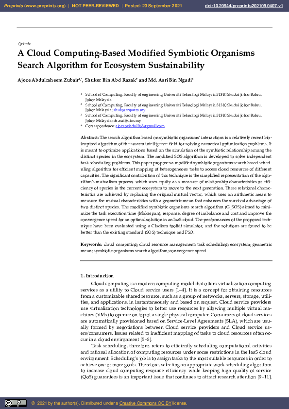 Pdf A Cloud Computing Based Modified Symbiotic Organisms Search Algorithm For Ecosystem