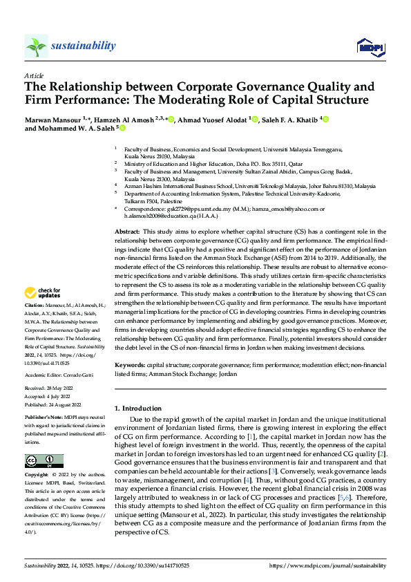 (PDF) The Relationship between Corporate Governance Quality and Firm Performance: The Moderating ...