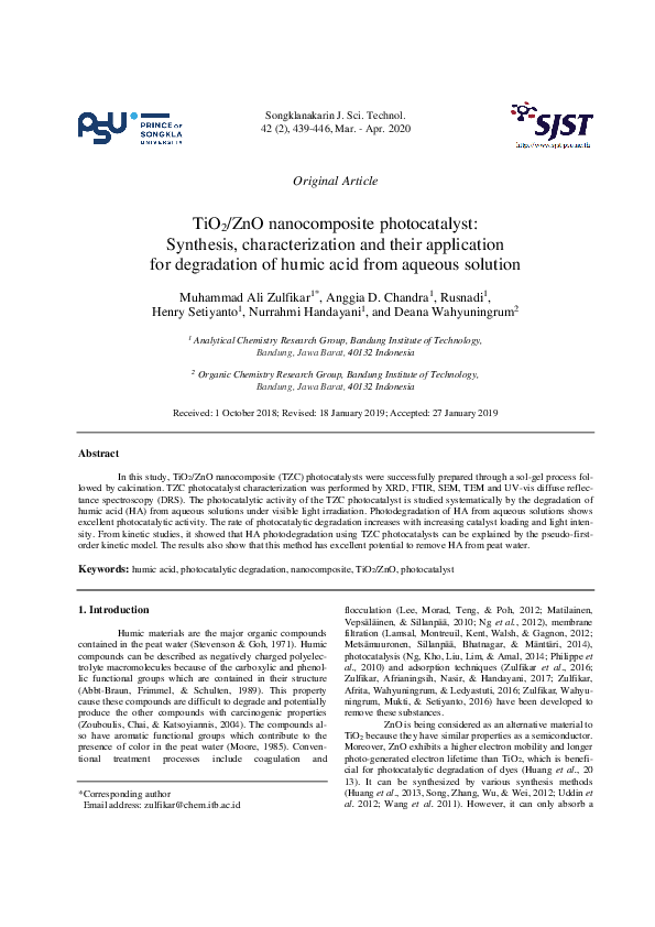 (PDF) TiO2/ZnO nanocomposite photocatalyst:Synthesis, characterization and their applicationfor ...