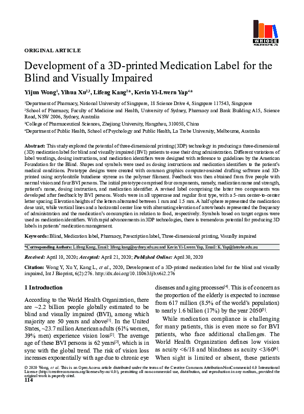 (PDF) Development of a 3D-printed Medication Label for the Blind and ...