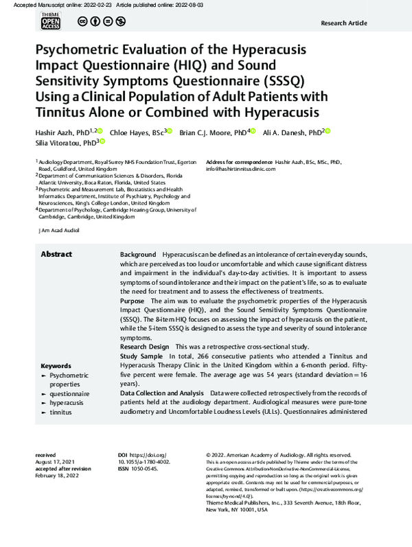 (PDF) Psychometric Evaluation of the Hyperacusis Impact Questionnaire ...
