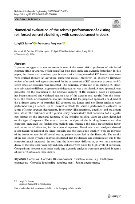 Pdf Numerical Evaluation Of The Seismic Performance Of Existing Reinforced Concrete Buildings
