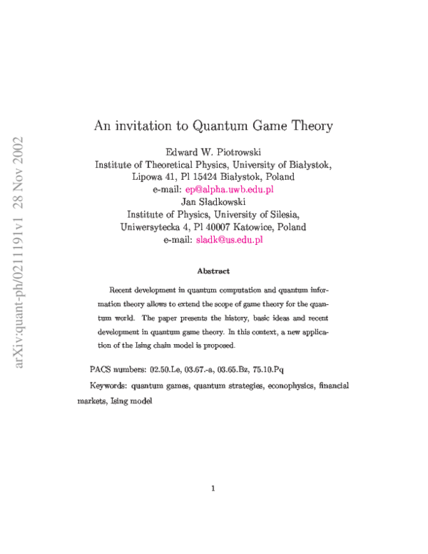 (PDF) An Invitation to Quantum Game Theory