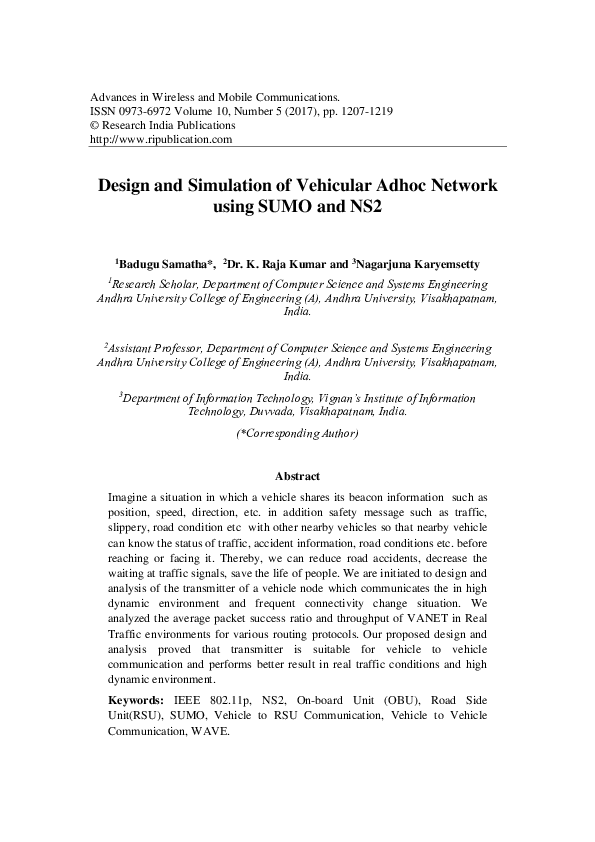 Pdf Design And Simulation Of Vehicular Adhoc Network Using Sumo And