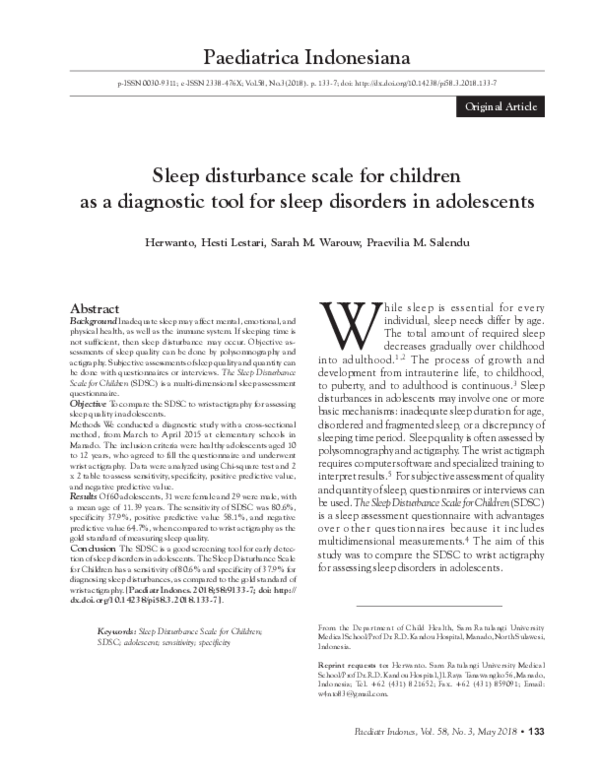 (PDF) Sleep disturbance scale for children as a diagnostic tool for ...