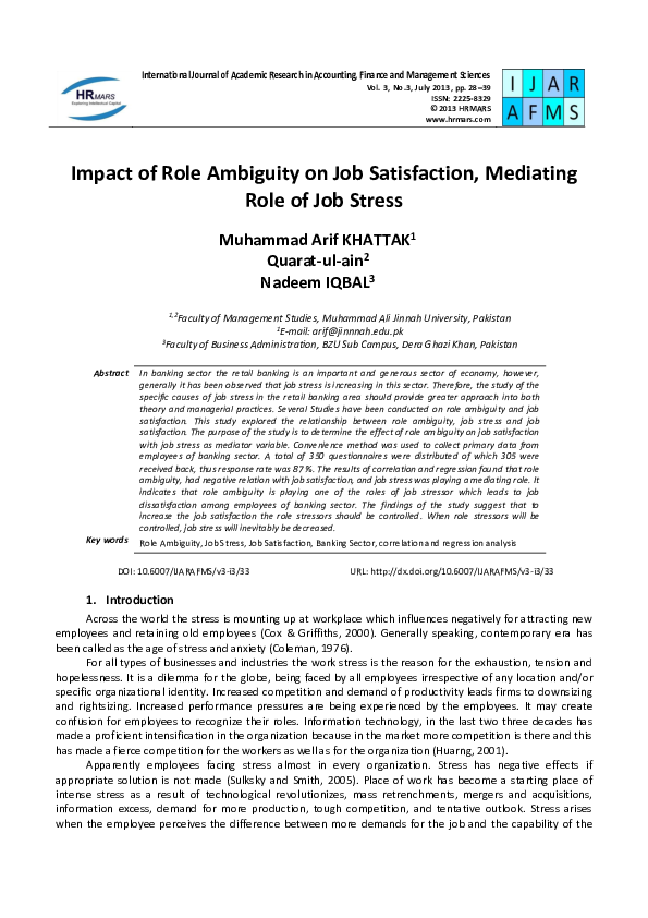 (PDF) Impact of Role Ambiguity on Job Satisfaction, Mediating Role of ...