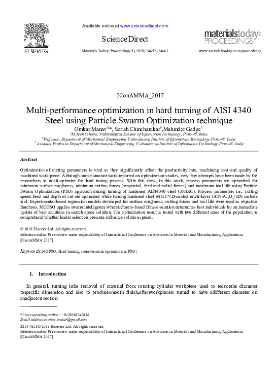 (PDF) Multi-performance optimization in hard turning of AISI 4340 Steel using Particle Swarm ...